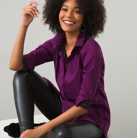 Chico's | Tops | Chicos No Iron Stretch Imperial Stripe Tunic Top Plum ...